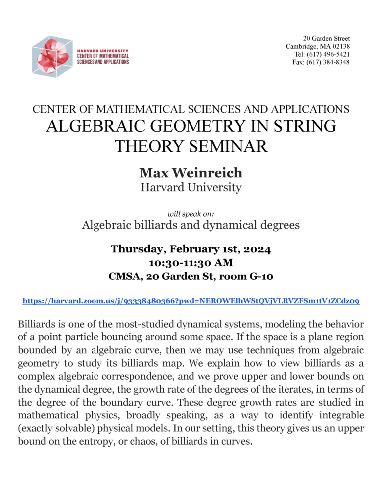 Algebraic billiards and dynamical degrees - CMSA