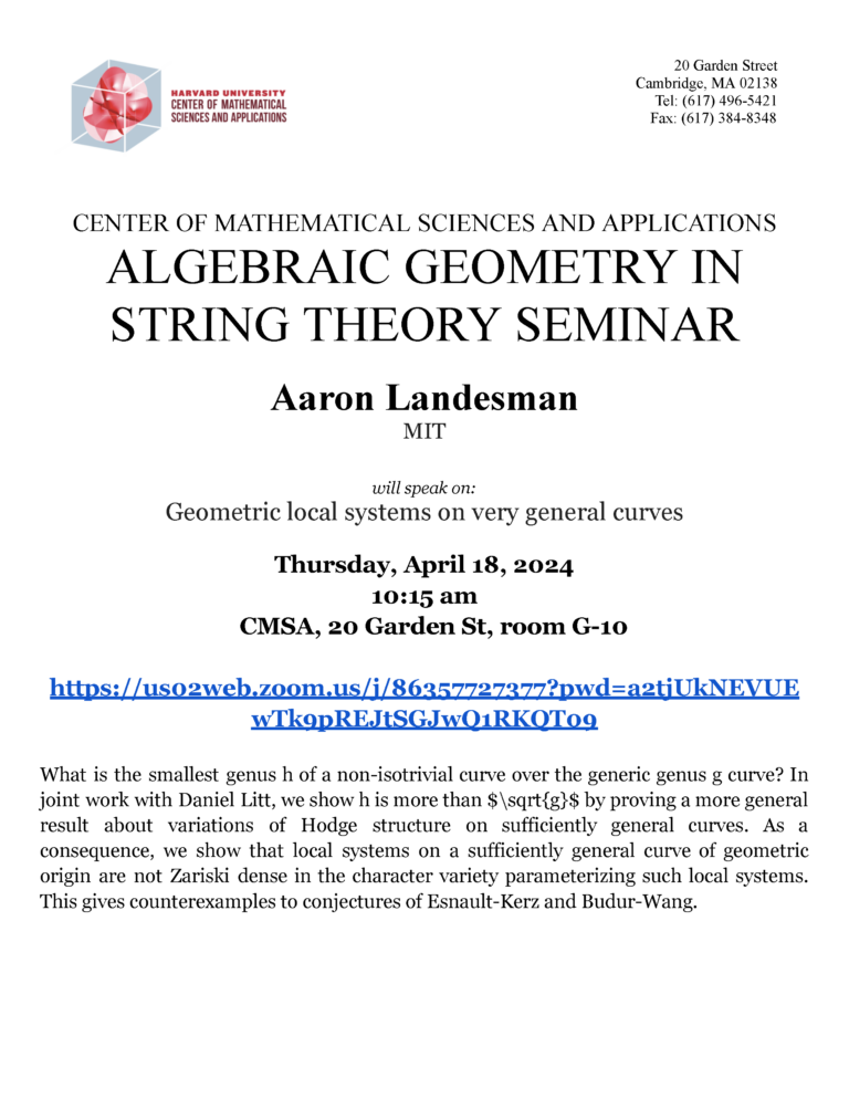 Geometric local systems on very general curves - CMSA
