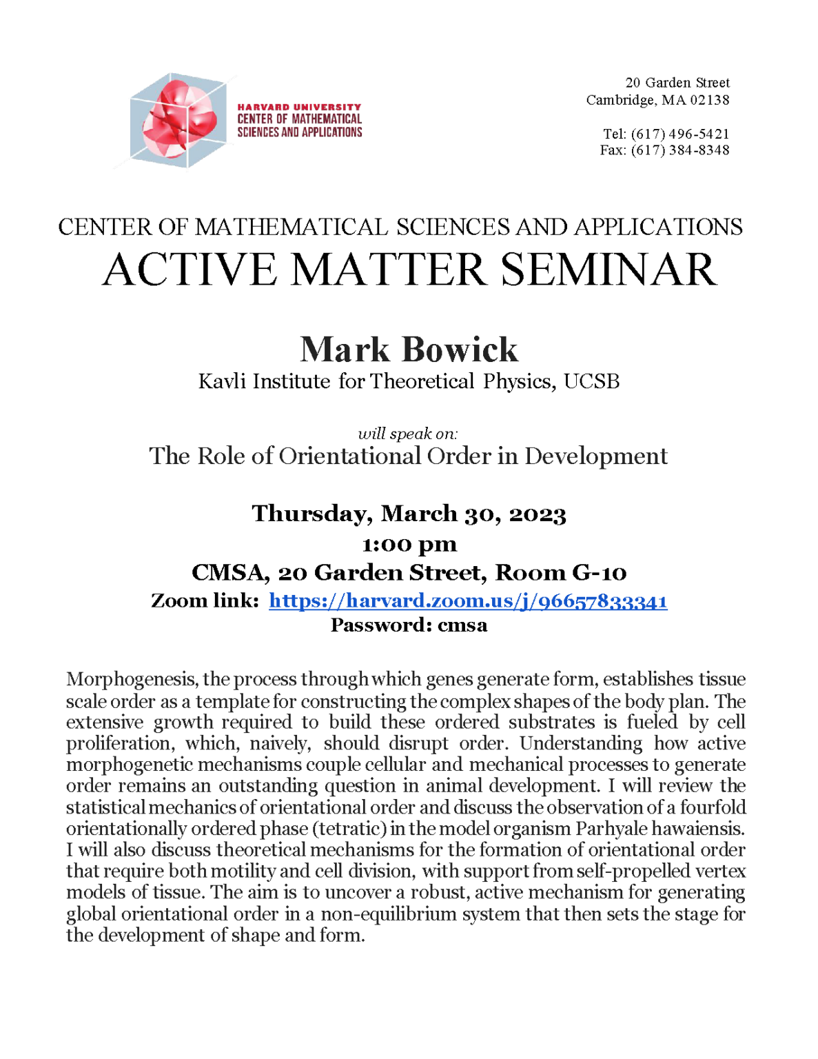The Role of Orientational Order in Development - CMSA