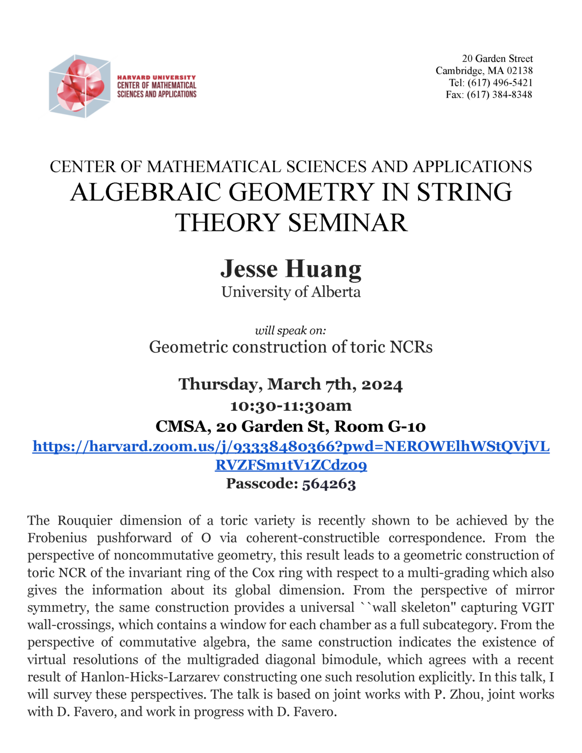 Geometric construction of toric NCRs - CMSA
