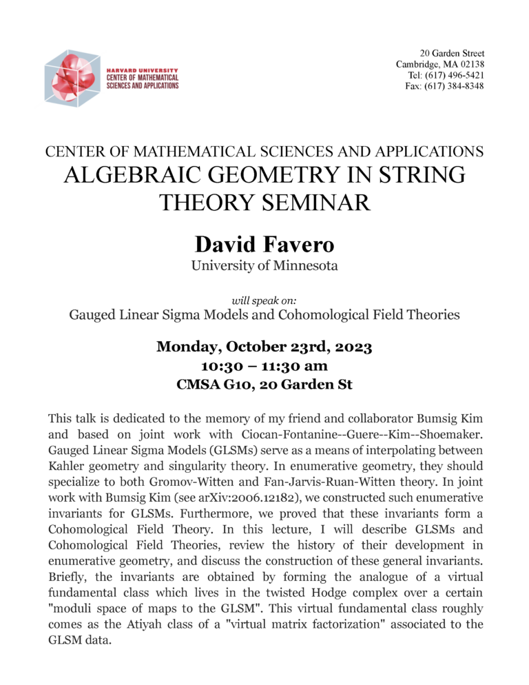 Gauged Linear Sigma Models and Cohomological Field Theories - CMSA