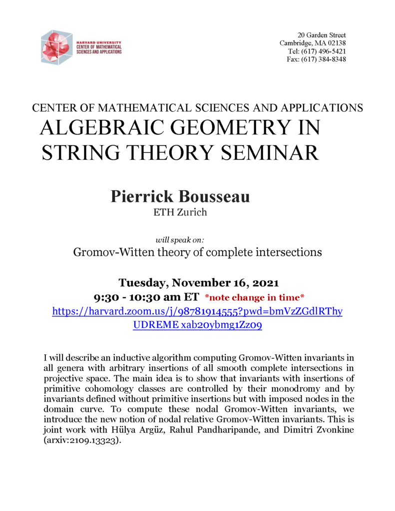 Gromov-Witten theory of complete intersections - CMSA
