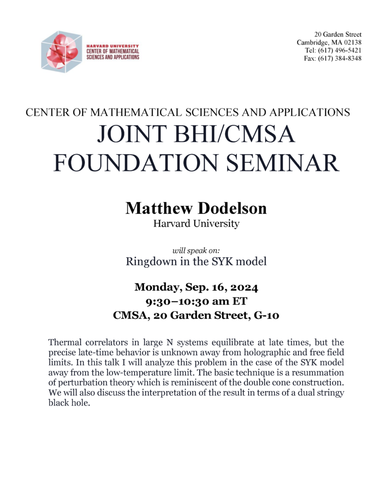 Ringdown in the SYK model - CMSA