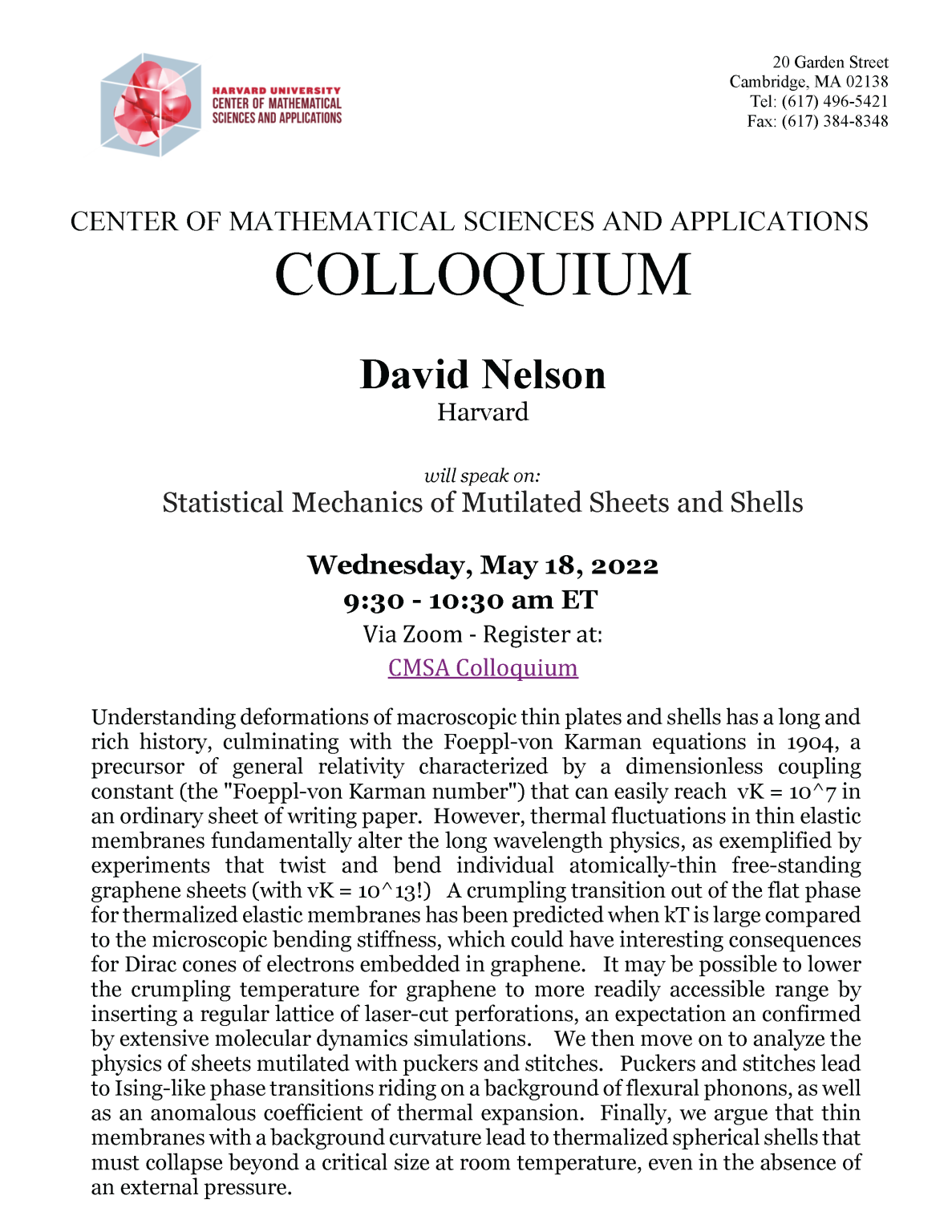 Statistical Mechanics of Mutilated Sheets and Shells - CMSA