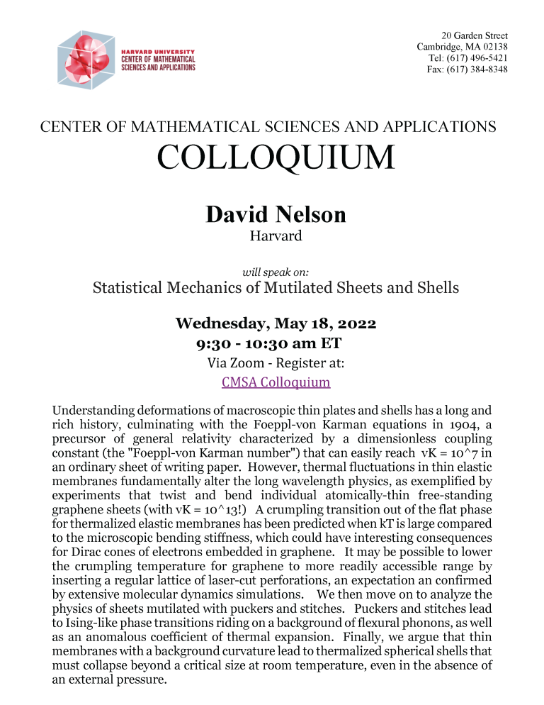 Statistical Mechanics of Mutilated Sheets and Shells - CMSA