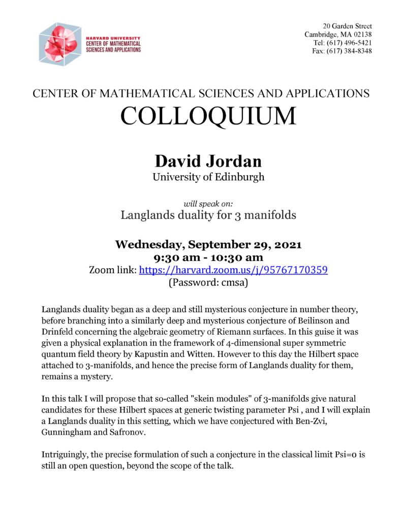 Langlands duality for 3 manifolds - CMSA