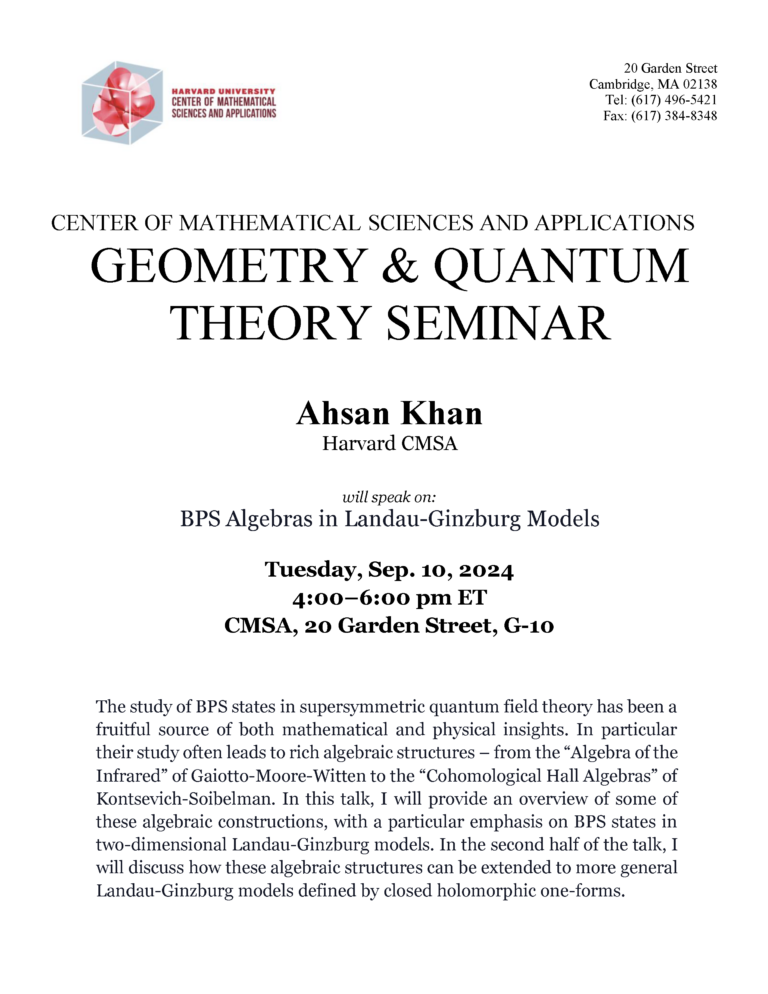 BPS Algebras in Landau-Ginzburg Models - CMSA