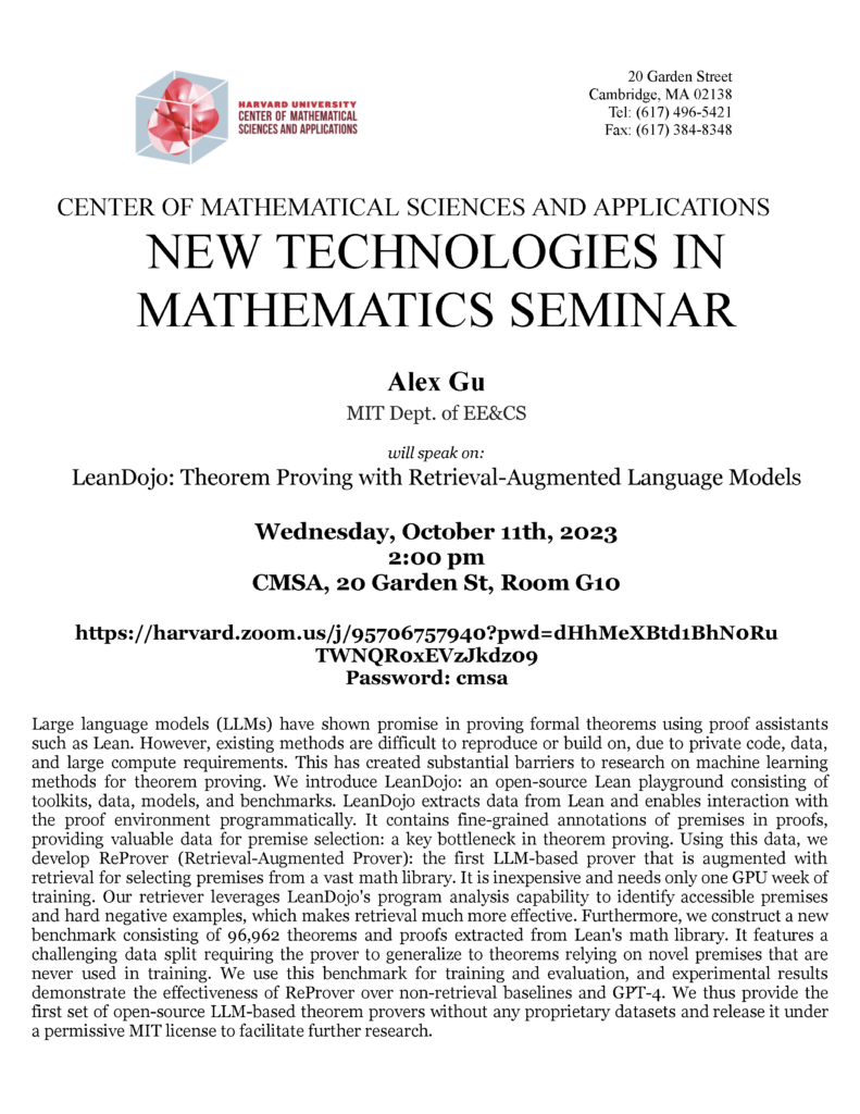 LeanDojo: Theorem Proving with Retrieval-Augmented Language Models - CMSA