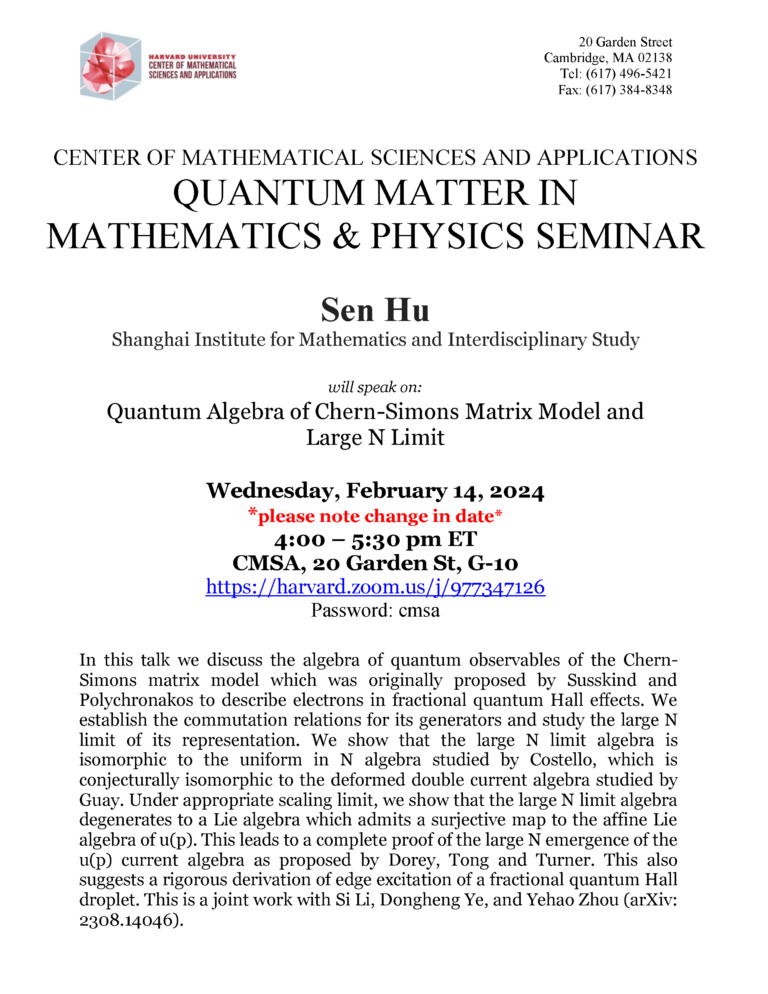 Quantum Algebra of Chern-Simons Matrix Model and Large N Limit - CMSA