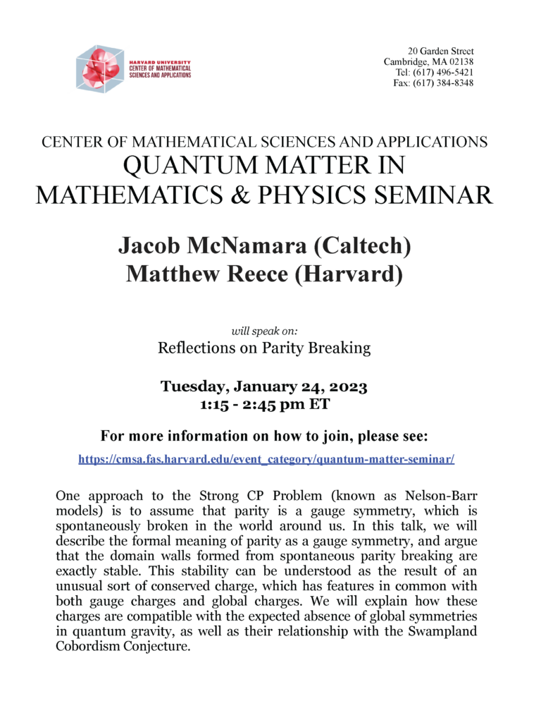 Reflections on Parity Breaking - CMSA