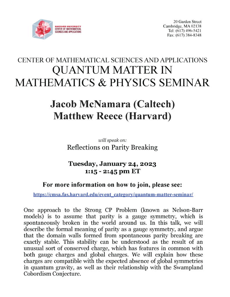 Reflections on Parity Breaking - CMSA