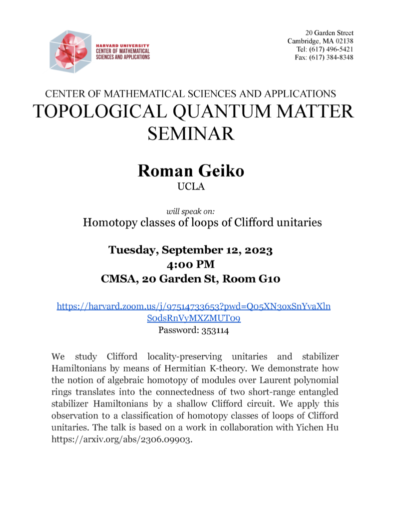 Homotopy classes of loops of Clifford unitaries - CMSA