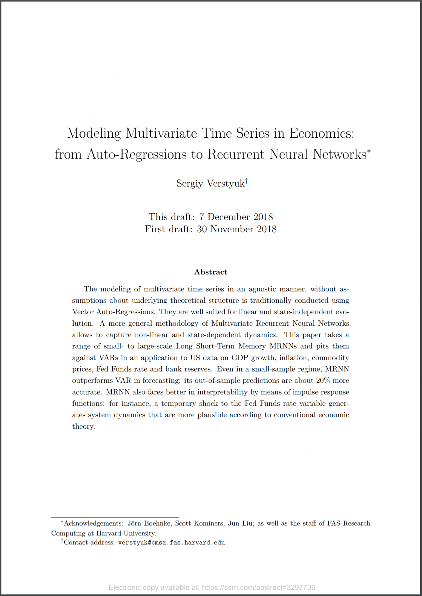 Modeling Multivariate Time Series in Economics: From Auto-Regressions to Recurrent Neural ...