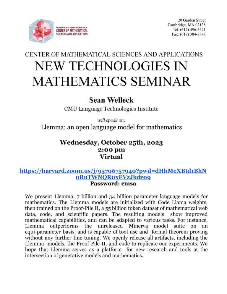 Llemma: an open language model for mathematics - CMSA