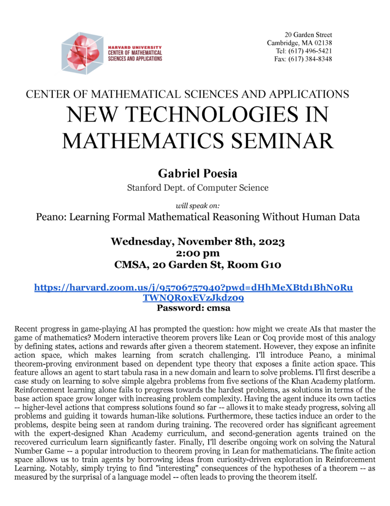 Peano: Learning Formal Mathematical Reasoning Without Human Data - CMSA
